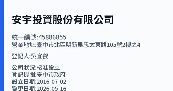安宇投資股份有限公司的照片-統編 45886855(臺中市) 公司登記資料與營業項目詳細圖表