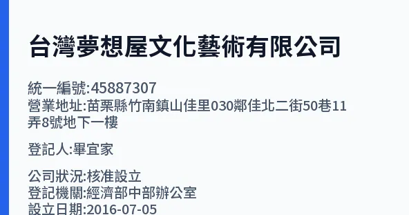 台灣夢想屋文化藝術有限公司的照片-統編 45887307(苗栗縣) 公司登記資料與營業項目詳細圖表
