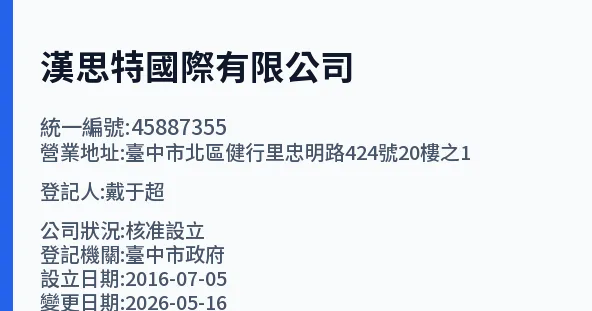 漢思特國際有限公司的照片-統編 45887355(臺中市) 公司登記資料與營業項目詳細圖表