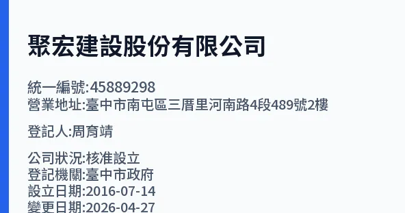 聚宏建設股份有限公司的照片-統編 45889298(臺中市) 公司登記資料與營業項目詳細圖表