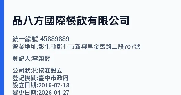 品八方國際餐飲有限公司的照片-統編 45889889(彰化縣) 公司登記資料與營業項目詳細圖表