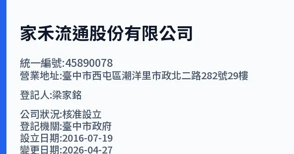 家禾流通股份有限公司的照片-統編 45890078(臺中市) 公司登記資料與營業項目詳細圖表
