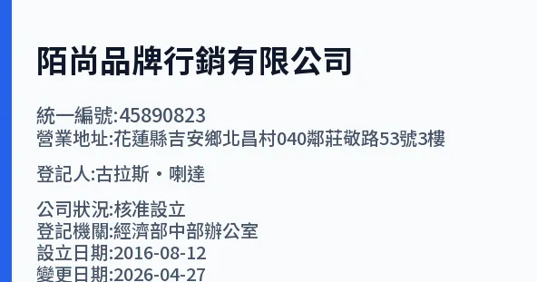 陌尚品牌行銷有限公司的照片-統編 45890823(花蓮縣) 公司登記資料與營業項目詳細圖表