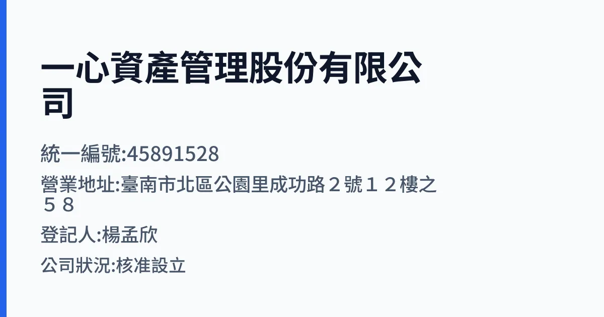 一心資產管理股份有限公司 - 統編 45891528(臺南市) 公司登記資料與營業項目詳細圖表