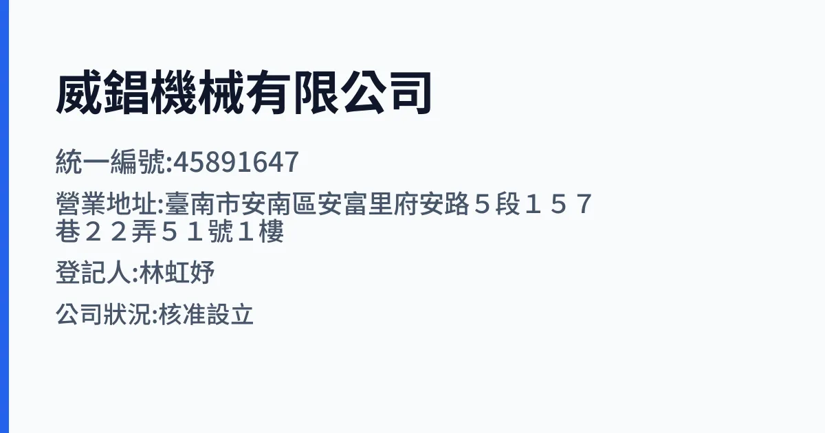 威錩機械有限公司 - 統編 45891647(臺南市) 公司登記資料與營業項目詳細圖表