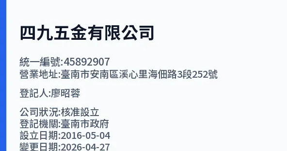 四九五金有限公司的照片-統編 45892907(臺南市) 公司登記資料與營業項目詳細圖表