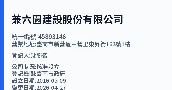 兼六園建設股份有限公司的照片-統編 45893146(臺南市) 公司登記資料與營業項目詳細圖表