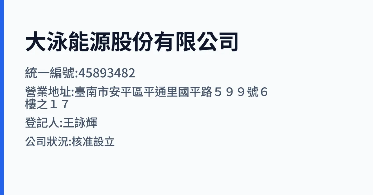 大泳能源股份有限公司 - 統編 45893482(臺南市) 公司登記資料與營業項目詳細圖表