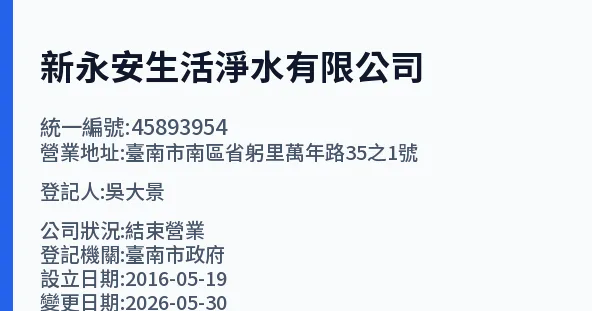新永安生活淨水有限公司的照片-統編 45893954(臺南市) 公司登記資料與營業項目詳細圖表