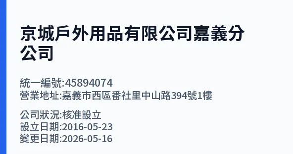 京城戶外用品有限公司嘉義分公司的照片-統編 45894074(嘉義市) 公司登記資料與營業項目詳細圖表