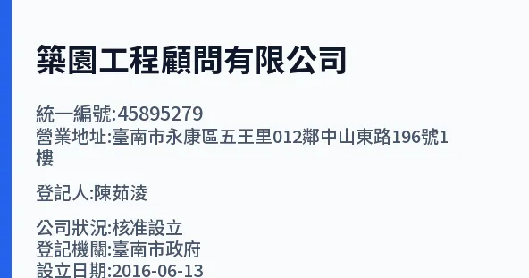 築園工程顧問有限公司的照片-統編 45895279(臺南市) 公司登記資料與營業項目詳細圖表