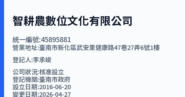 智耕農數位文化有限公司的照片-統編 45895881(臺南市) 公司登記資料與營業項目詳細圖表