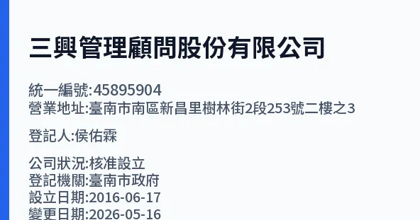 三興管理顧問股份有限公司的照片-統編 45895904(臺南市) 公司登記資料與營業項目詳細圖表