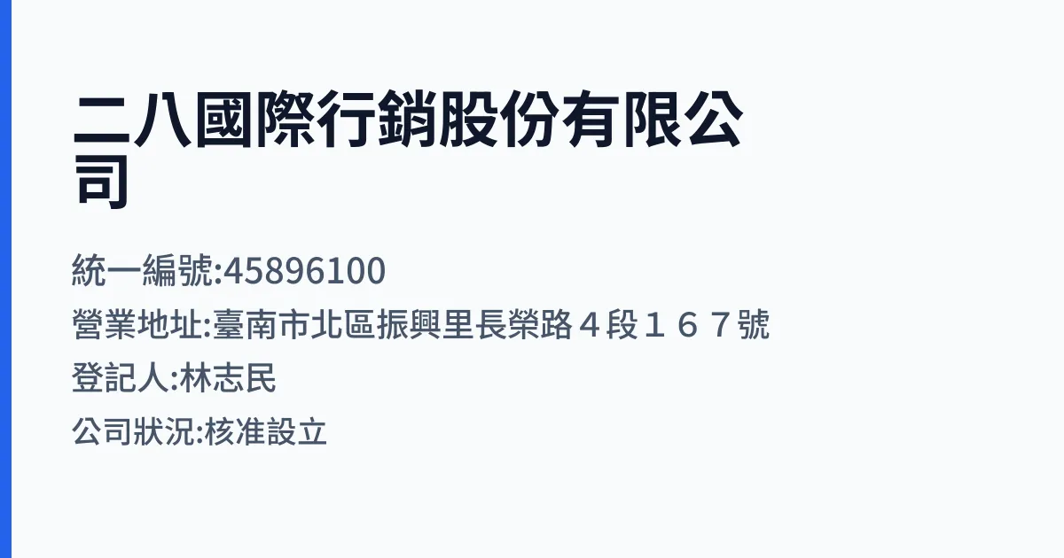 二八國際行銷股份有限公司 - 統編 45896100(臺南市) 公司登記資料與營業項目詳細圖表