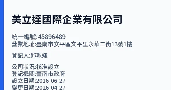 美立達國際企業有限公司的照片-統編 45896489(臺南市) 公司登記資料與營業項目詳細圖表