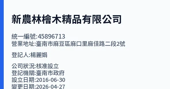 新農林檜木精品有限公司的照片-統編 45896713(臺南市) 公司登記資料與營業項目詳細圖表