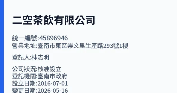 二空茶飲有限公司的照片-統編 45896946(臺南市) 公司登記資料與營業項目詳細圖表