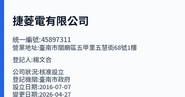 捷菱電有限公司的照片-統編 45897311(臺南市) 公司登記資料與營業項目詳細圖表