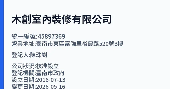 木創室內裝修有限公司的照片-統編 45897369(臺南市) 公司登記資料與營業項目詳細圖表