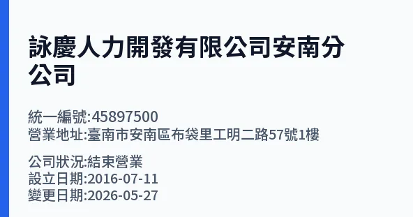詠慶人力開發有限公司安南分公司的照片-統編 45897500(臺南市) 公司登記資料與營業項目詳細圖表