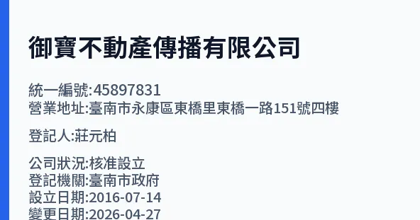 御寶不動產傳播有限公司的照片-統編 45897831(臺南市) 公司登記資料與營業項目詳細圖表