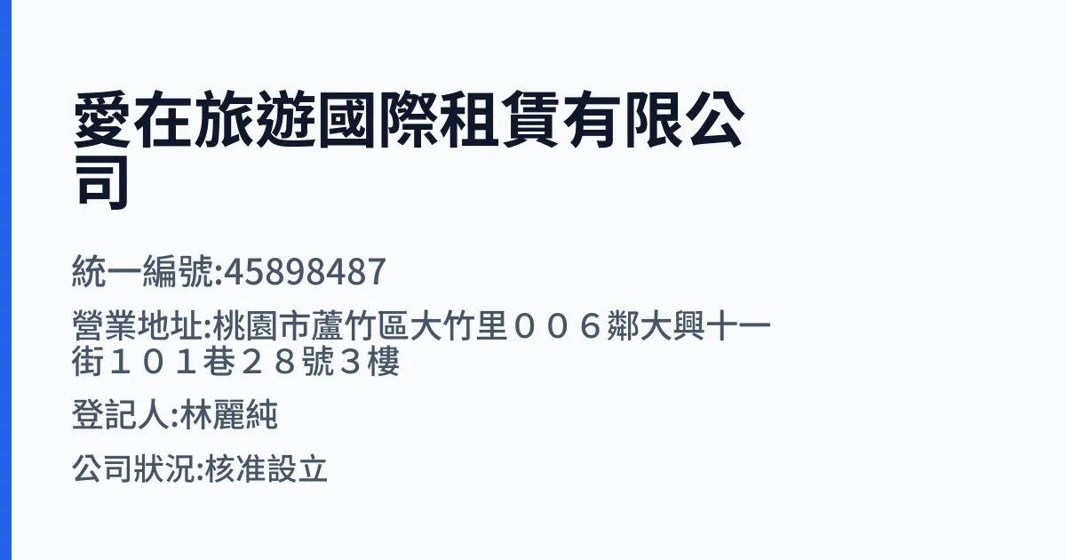 愛在旅遊國際租賃有限公司 - 統編 45898487（桃園市） 公司登記資料與營業項目詳細圖表