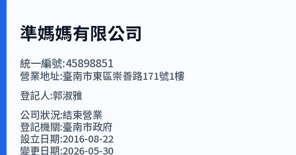 準媽媽有限公司的照片-統編 45898851(臺南市) 公司登記資料與營業項目詳細圖表