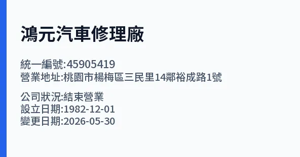 鴻元汽車修理廠的照片-統編 45905419(桃園市) 公司登記資料與營業項目詳細圖表
