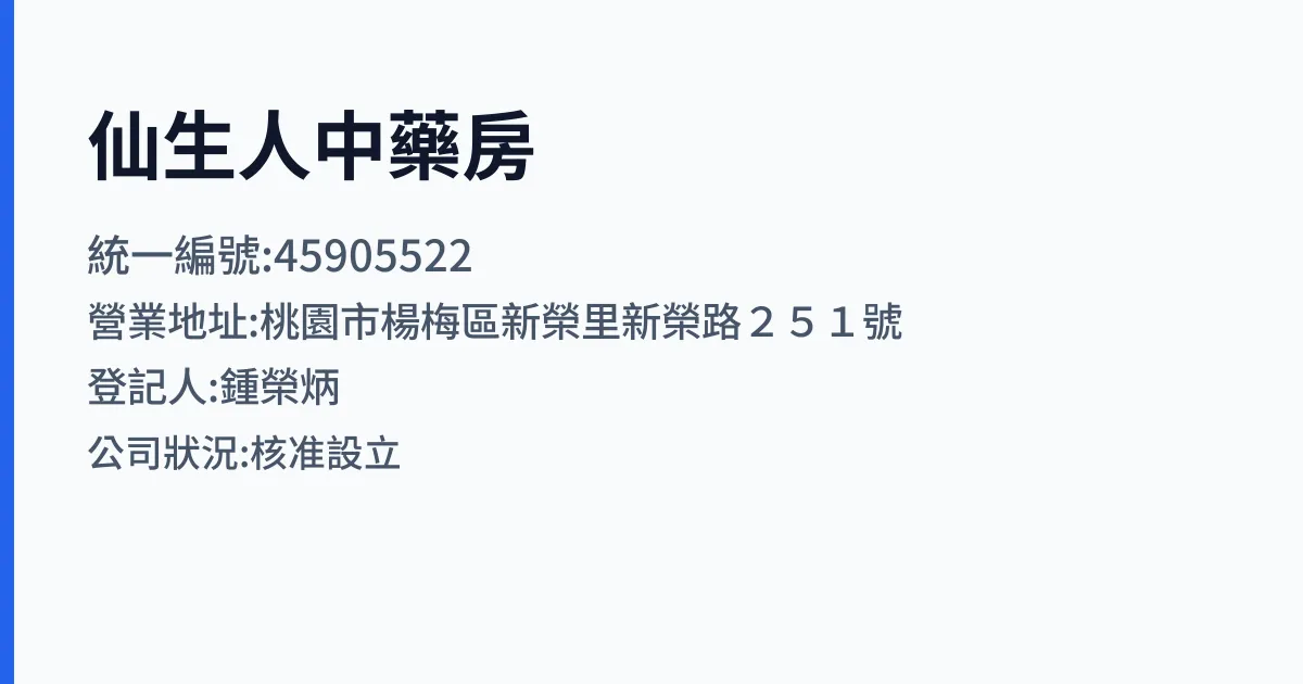 仙生人中藥房 - 統編 45905522(桃園市) 公司登記資料與營業項目詳細圖表