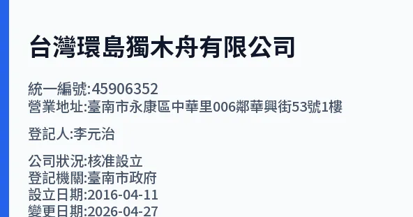 台灣環島獨木舟有限公司的照片-統編 45906352(臺南市) 公司登記資料與營業項目詳細圖表