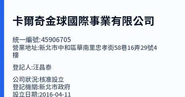 卡爾奇金球國際事業有限公司的照片-統編 45906705(新北市) 公司登記資料與營業項目詳細圖表