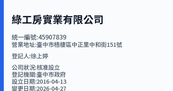 綠工房實業有限公司的照片-統編 45907839(臺中市) 公司登記資料與營業項目詳細圖表