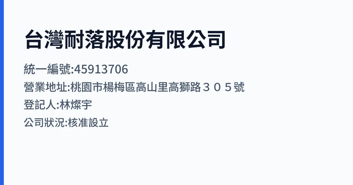 台灣耐落股份有限公司 - 統編 45913706(桃園市) 公司登記資料與營業項目詳細圖表