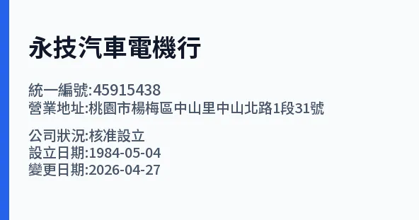 永技汽車電機行的照片-統編 45915438(桃園市) 公司登記資料與營業項目詳細圖表