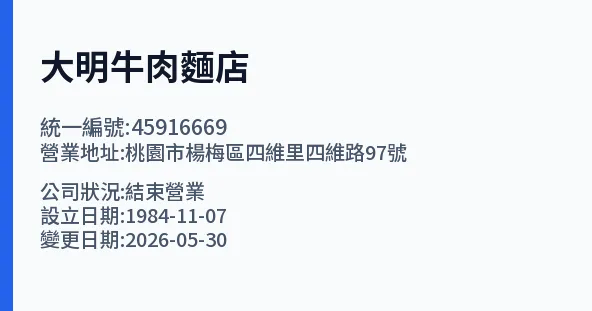 大明牛肉麵店的照片-統編 45916669(桃園市) 公司登記資料與營業項目詳細圖表
