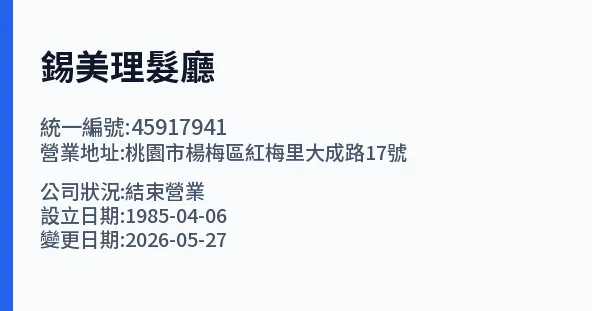 錫美理髮廳的照片-統編 45917941(桃園市) 公司登記資料與營業項目詳細圖表