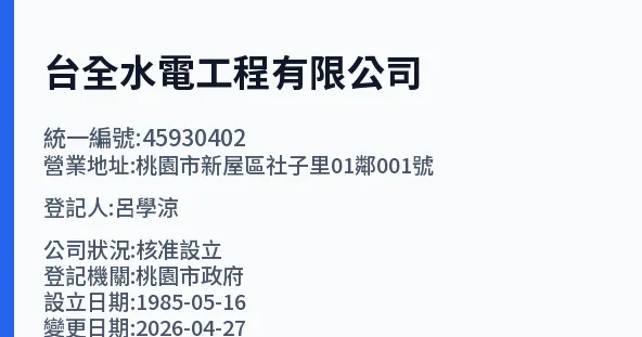 台全水電工程有限公司的照片-統編 45930402(桃園市) 公司登記資料與營業項目詳細圖表