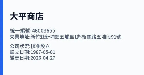 大平商店的照片-統編 46003655(新竹縣) 公司登記資料與營業項目詳細圖表