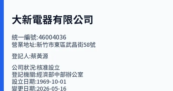 大新電器有限公司的照片-統編 46004036(新竹市) 公司登記資料與營業項目詳細圖表