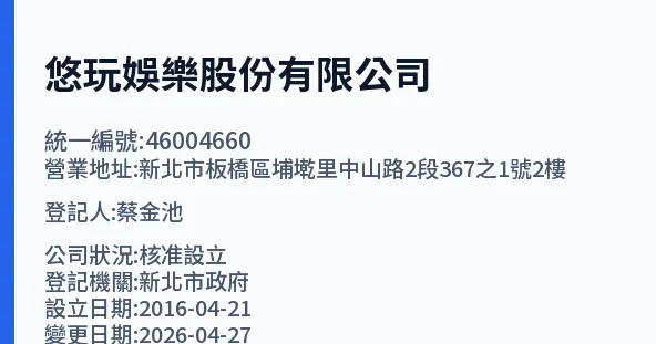 悠玩娛樂股份有限公司的照片-統編 46004660(新北市) 公司登記資料與營業項目詳細圖表