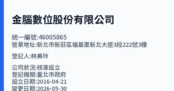 金腦數位股份有限公司的照片-統編 46005865(新北市) 公司登記資料與營業項目詳細圖表