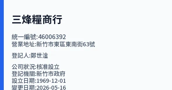 三烽糧商行的照片-統編 46006392(新竹市) 公司登記資料與營業項目詳細圖表