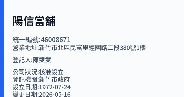 陽信當舖的照片-統編 46008671(新竹市) 公司登記資料與營業項目詳細圖表