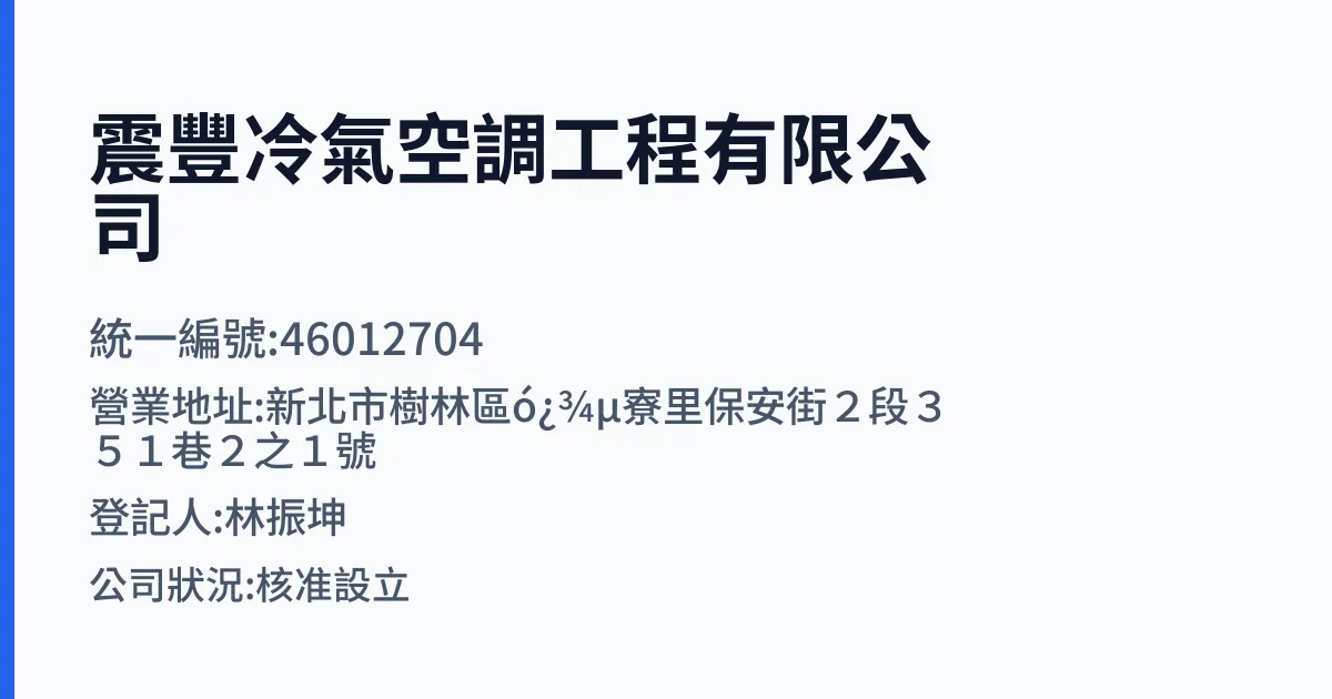 震豐冷氣空調工程有限公司 - 統編 46012704(新北市) 公司登記資料與營業項目詳細圖表