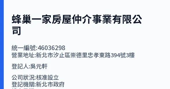 蜂巢一家房屋仲介事業有限公司的照片-統編 46036298(新北市) 公司登記資料與營業項目詳細圖表