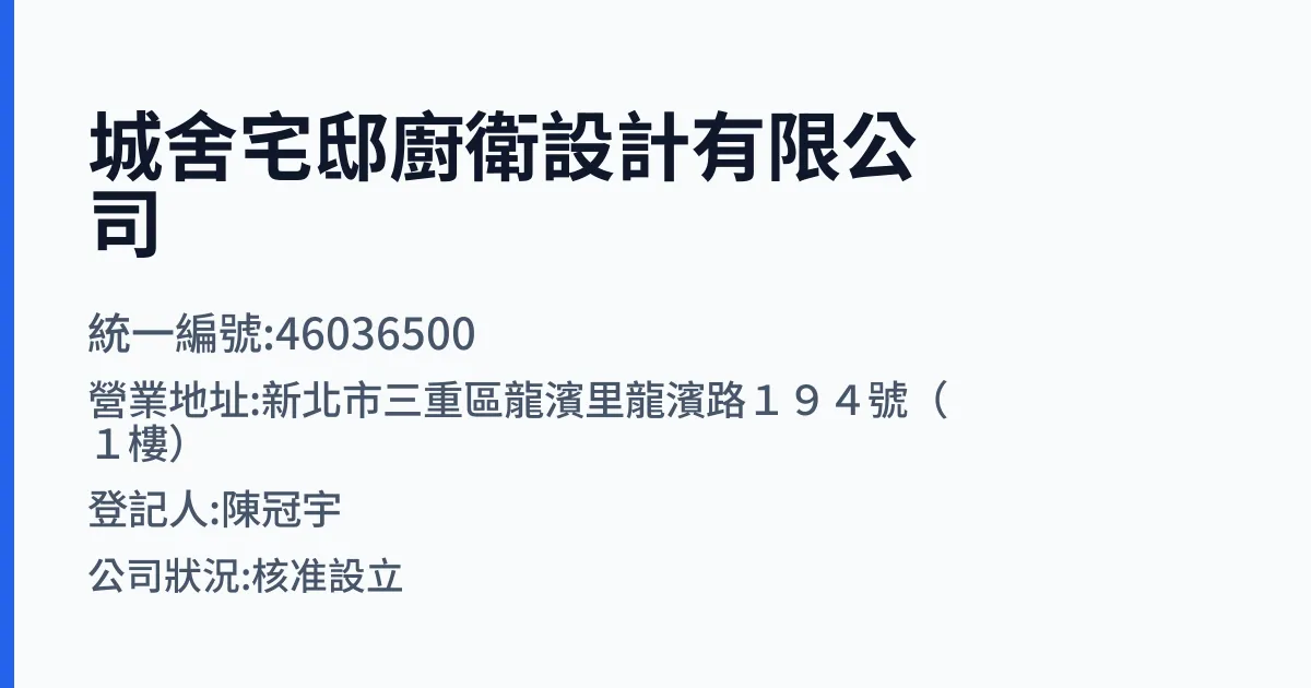 城舍宅邸廚衛設計有限公司 - 統編 46036500(新北市) 公司登記資料與營業項目詳細圖表
