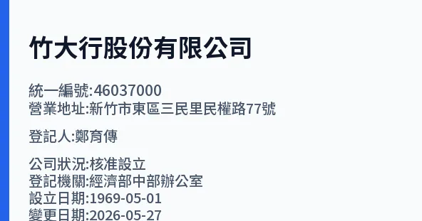 竹大行股份有限公司的照片-統編 46037000(新竹市) 公司登記資料與營業項目詳細圖表
