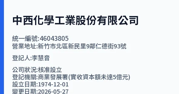 中西化學工業股份有限公司的照片-統編 46043805(新竹市) 公司登記資料與營業項目詳細圖表
