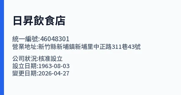 日昇飲食店的照片-統編 46048301(新竹縣) 公司登記資料與營業項目詳細圖表