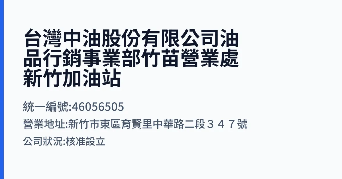 台灣中油股份有限公司油品行銷事業部竹苗營業處新竹加油站 - 統編 46056505（新竹市） 公司登記資料與營業項目詳細圖表